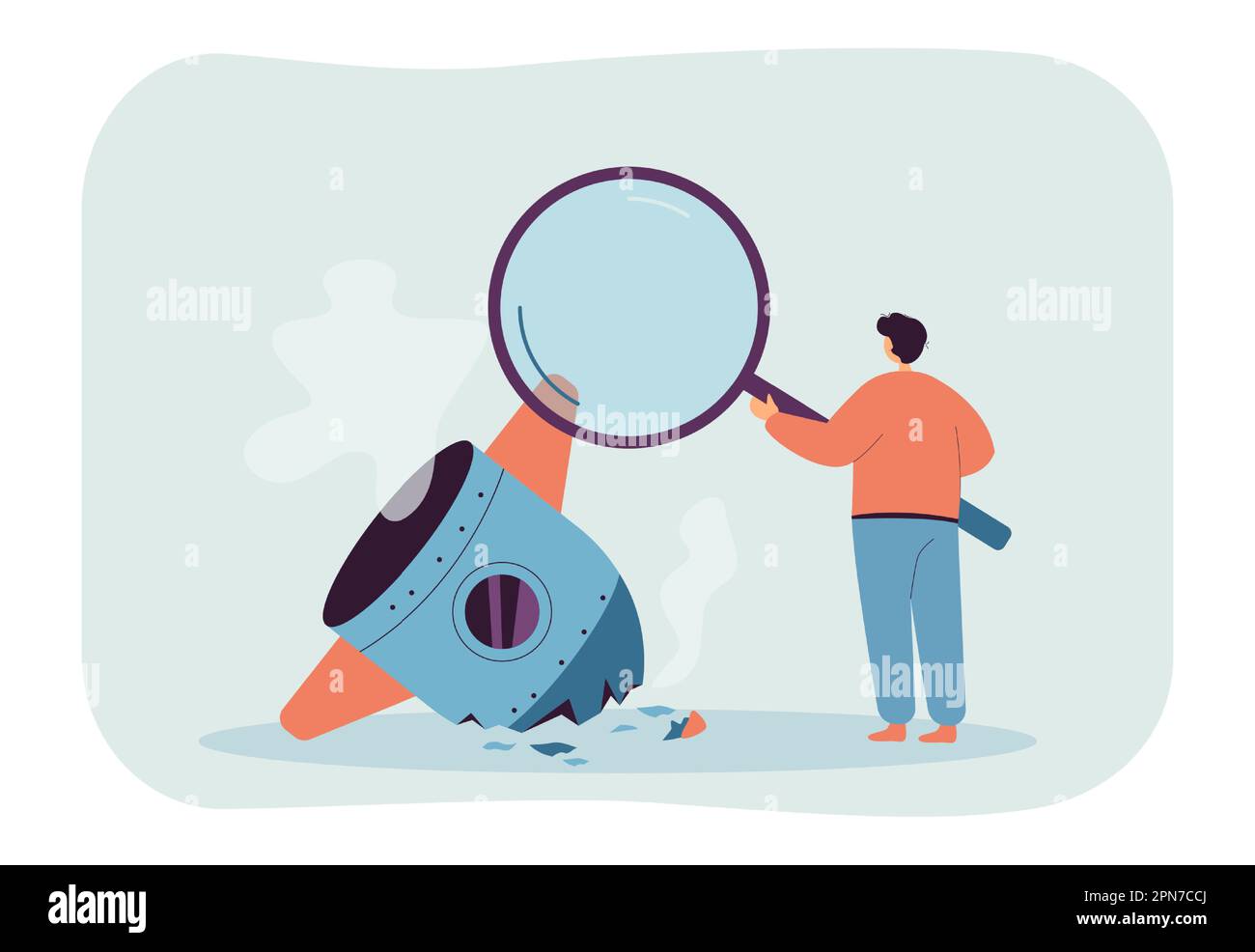 Analysis of rocket crash by tiny man with magnifying glass Stock Vector ...