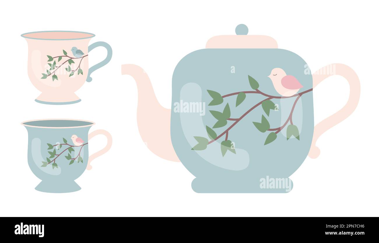 Beautiful porcelain teapot and teacups vector illustrations set Stock ...