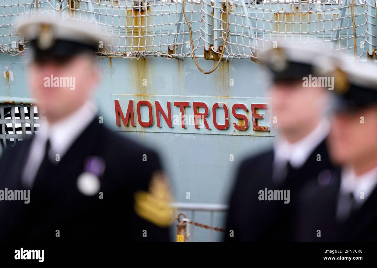 A view of the name Montrose on the side of HMS Montrose at His Majesty ...