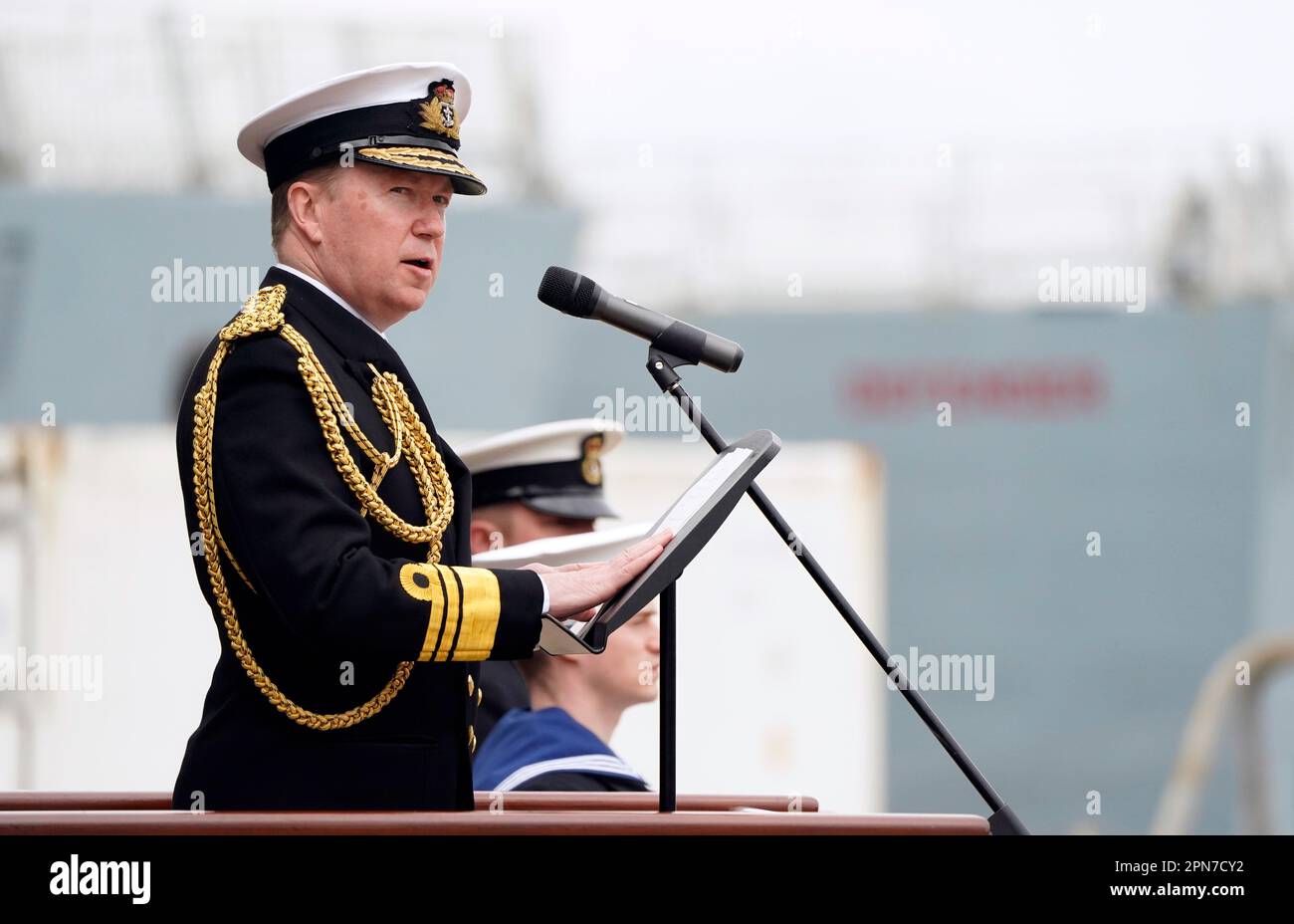 Second Sea Lord Vice Admiral Martin Connell makes a speech during the ...