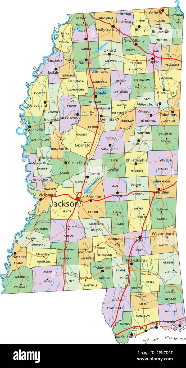Mississippi Highly Detailed Editable Political Map With Labeling ...