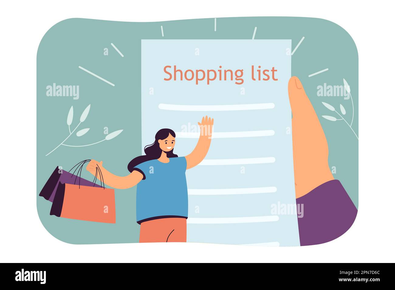 Happy woman with purchases and hand holding shopping list Stock Vector ...