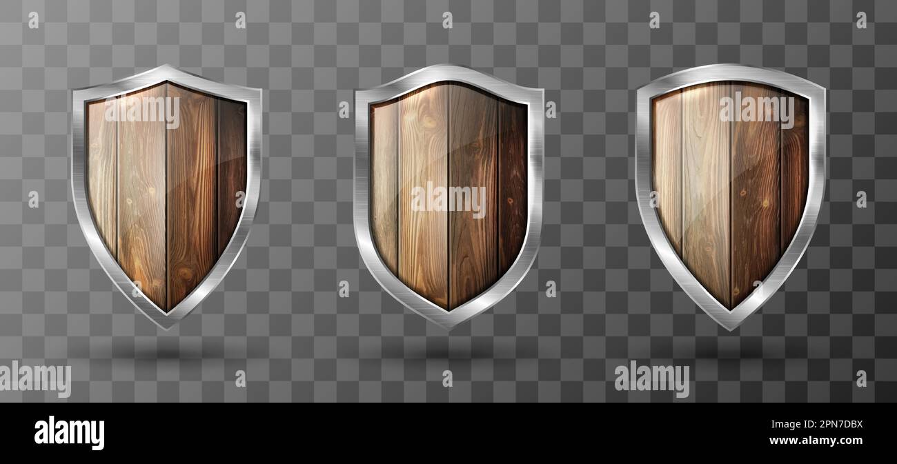 Wooden shield with metal frame realistic vector illustration. Blank ...