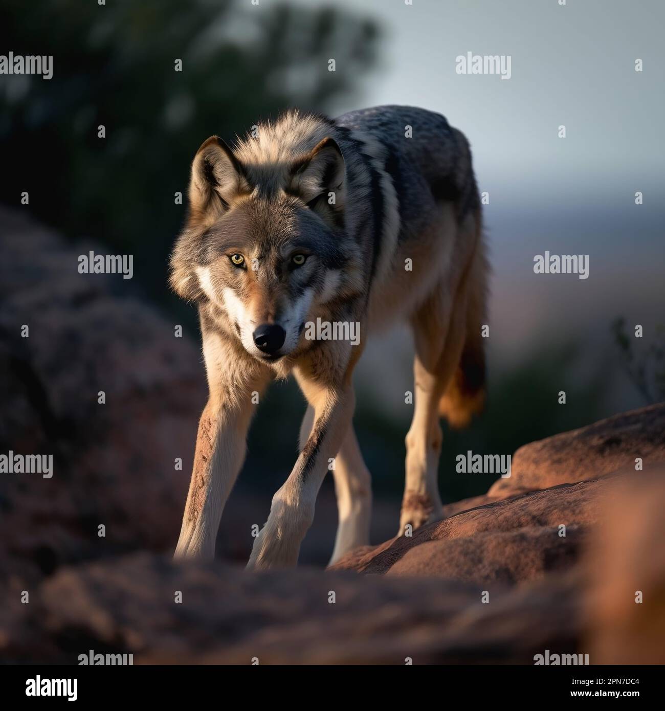 A majestic wolf skillfully traverses its natural environment with grace ...