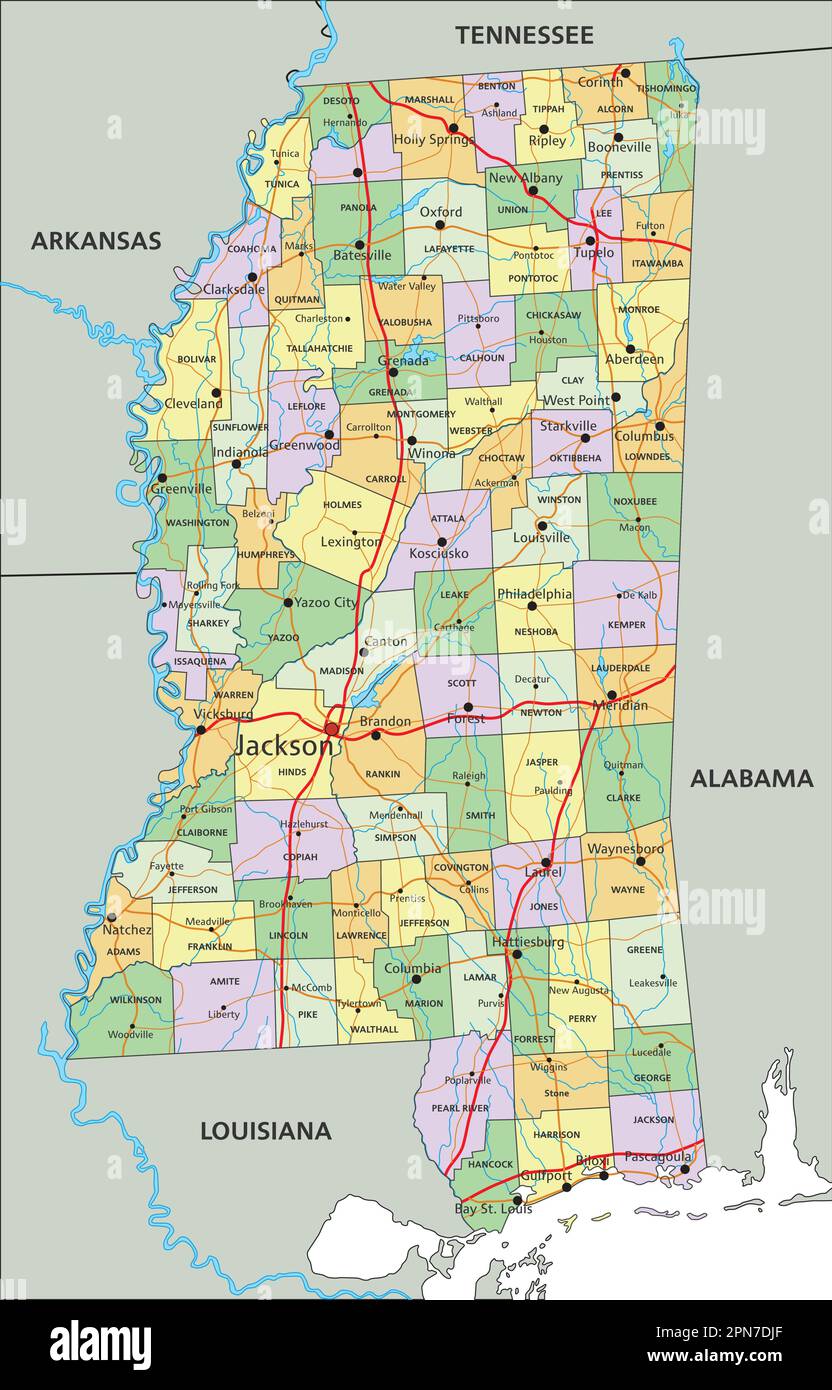 Mississippi - Highly detailed editable political map with labeling ...