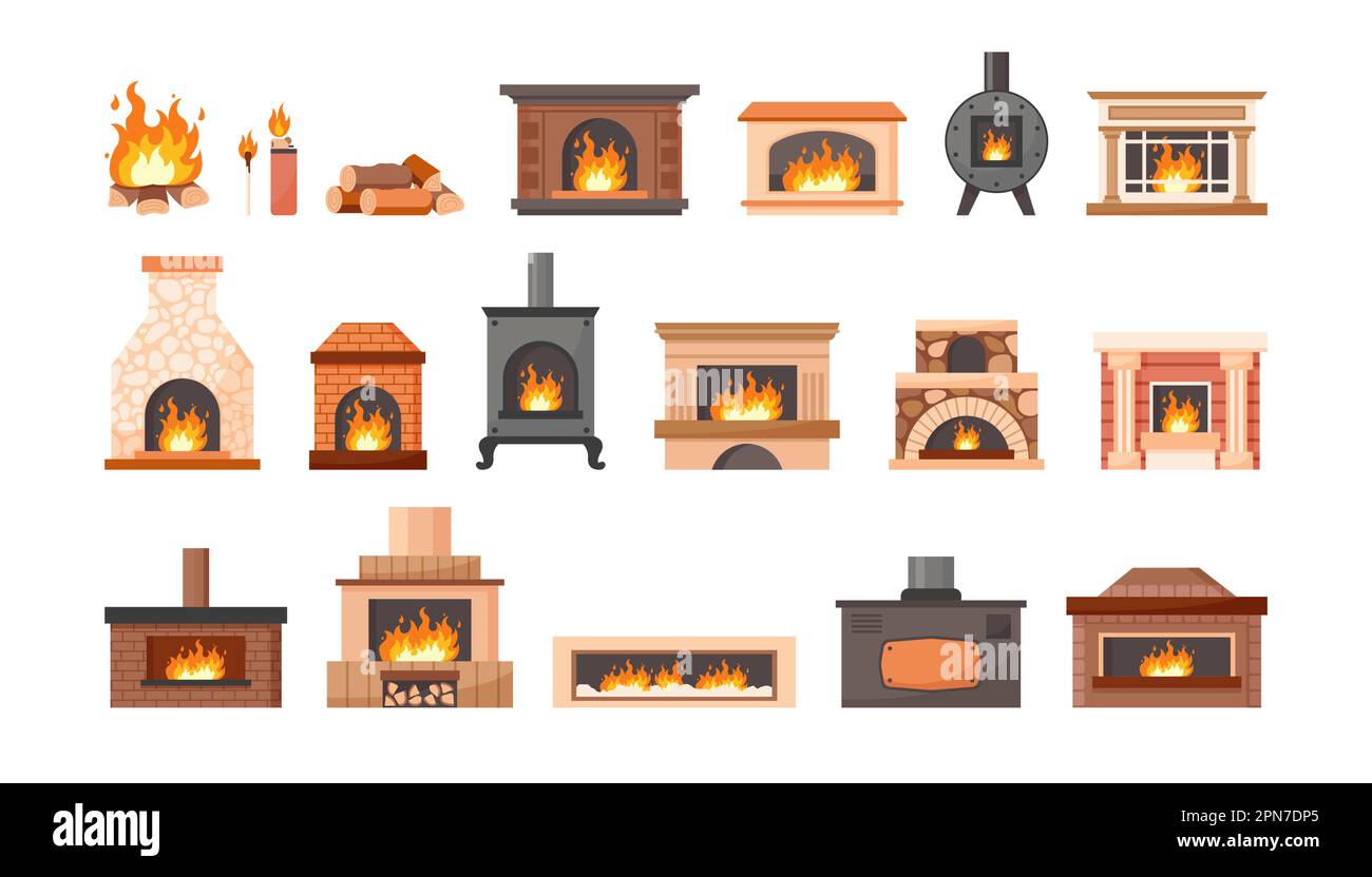 Various fireplaces with burning wood cartoon illustration set Stock ...