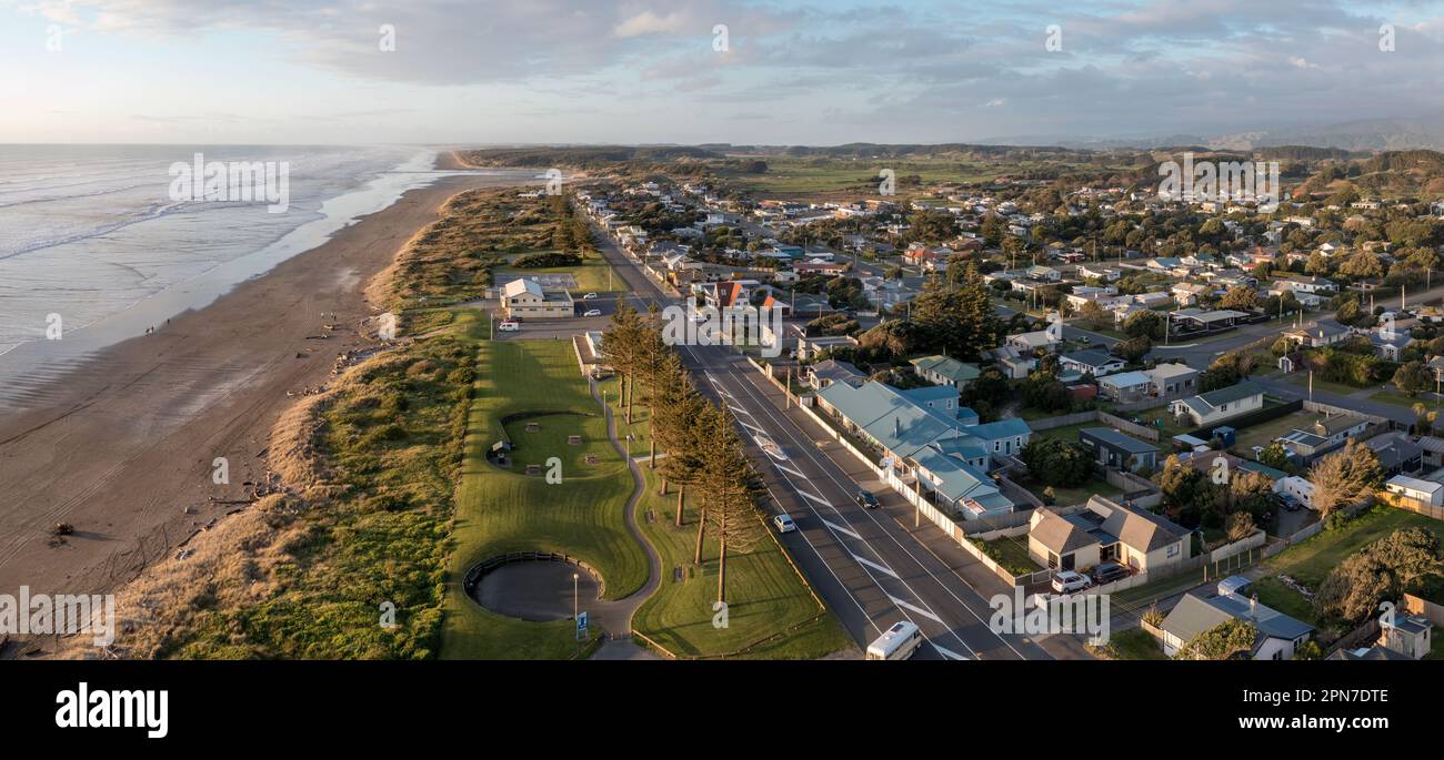 Otaki Beach in New Zealand. Aerial panorama looking north along Marine ...