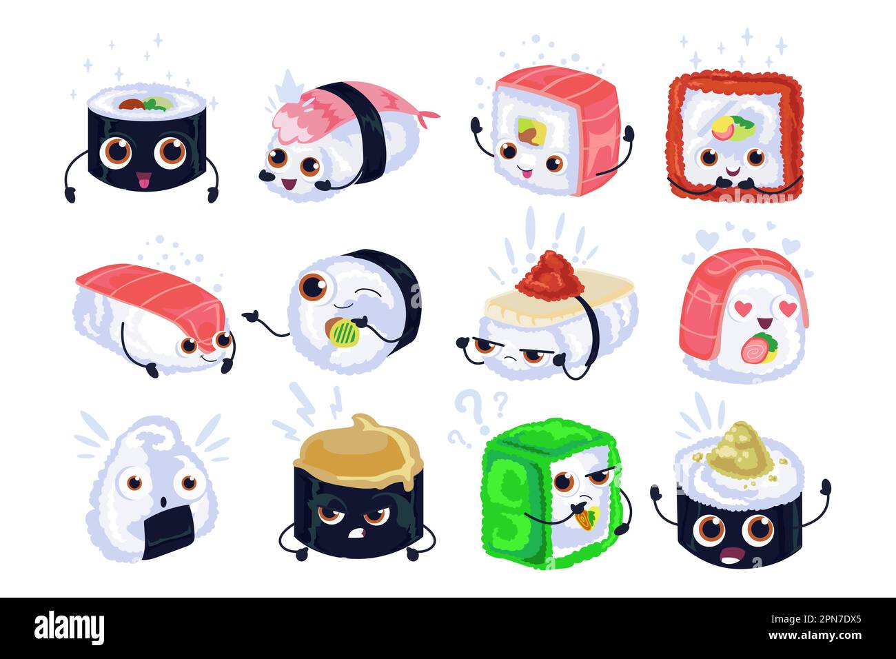 Cute sushi and rolls with smiling face vector illustration set Stock ...