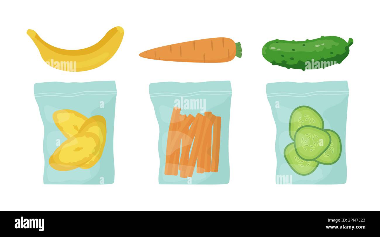 Packs with fruit and vegetables slices vector illustrations set Stock ...