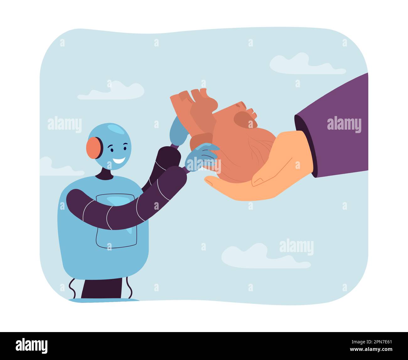 Hand giving heart to tiny robot for medical checkup or operation Stock ...