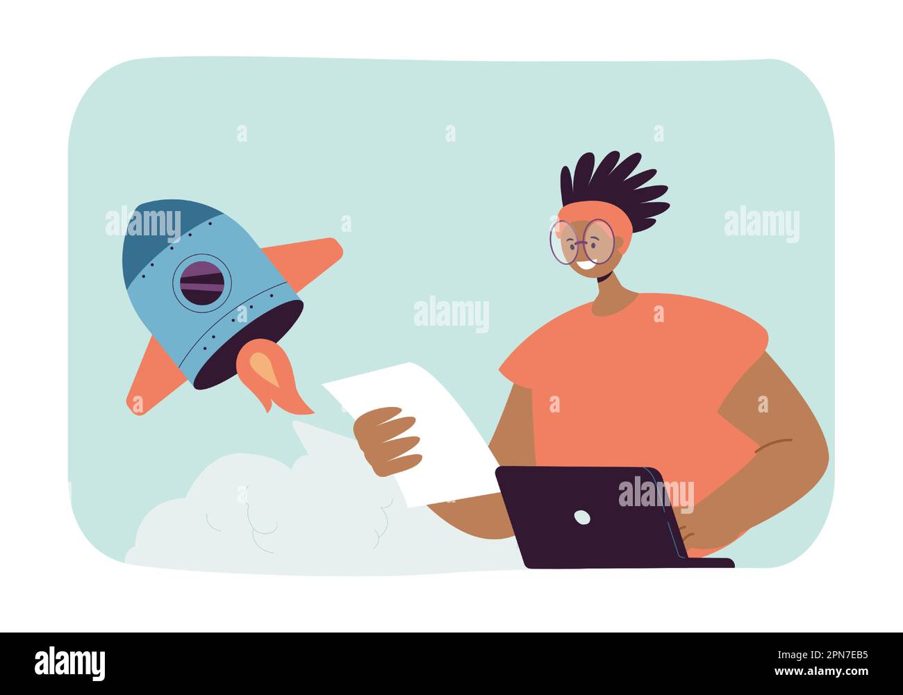 Speed rocket launch by man with laptop and document in hand Stock ...