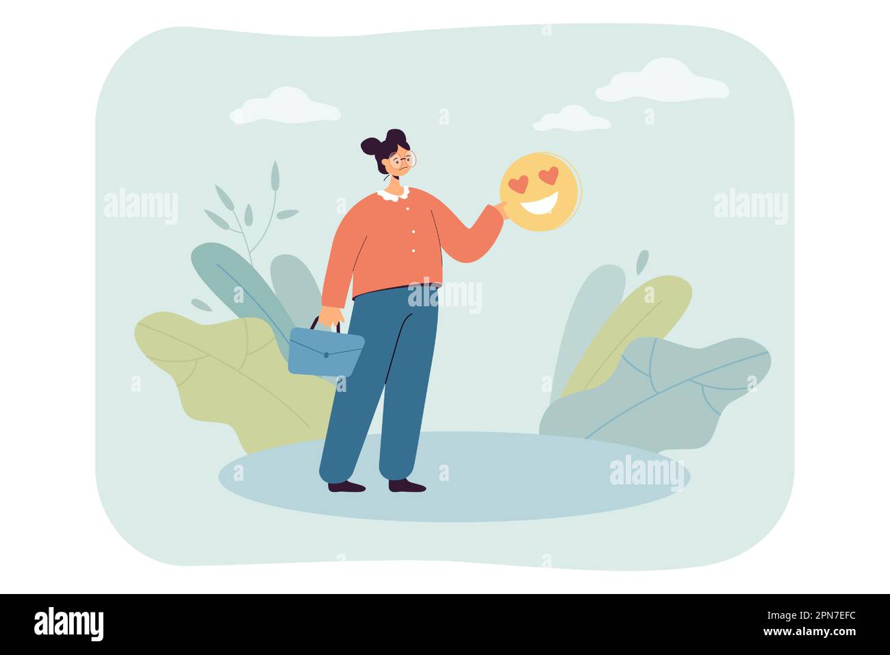 Sad depressed woman holding emoticon with smile and hearts Stock Vector ...