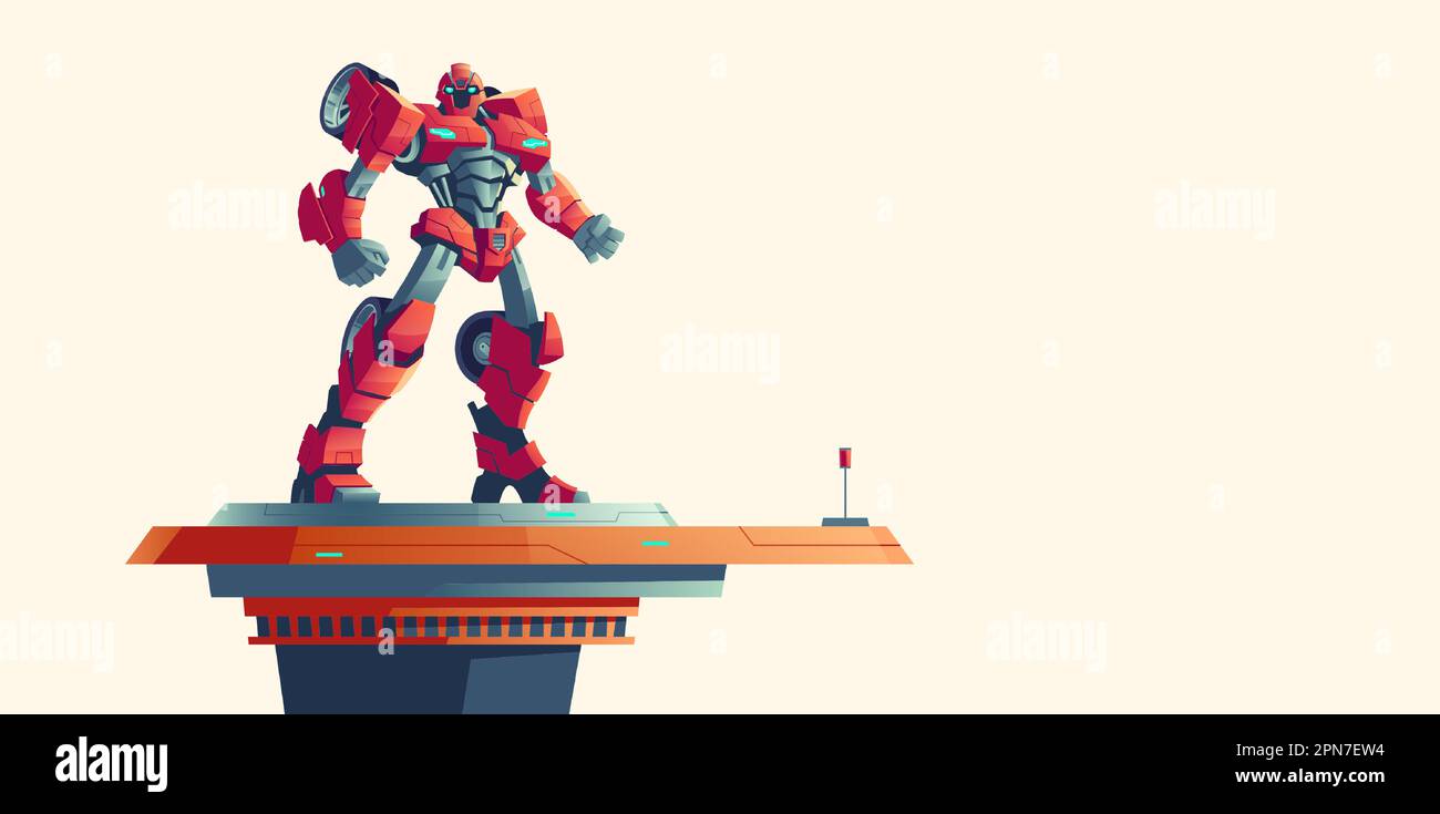 Red robot transformer standing on spaceship top isolated background ...