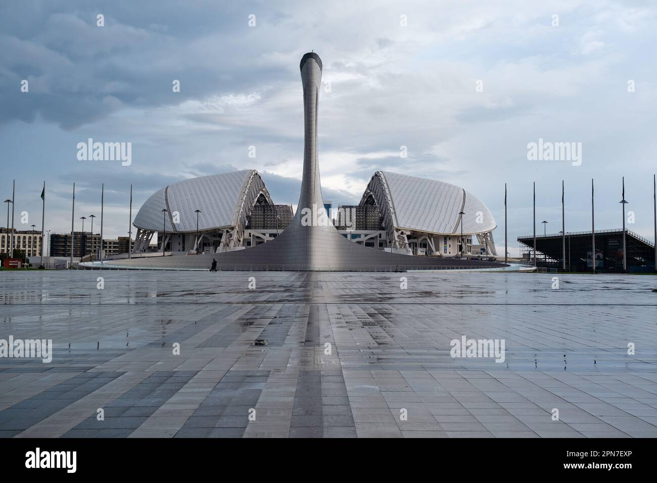 Olympic Torch and stadium Fisht in Olympic park, front view Stock Photo ...