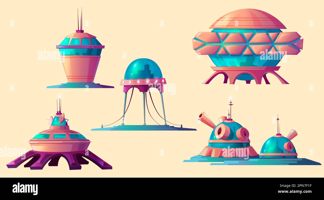 Space colonization set. Spaceship, rocket, shuttle and buildings for universe and alien planet ...