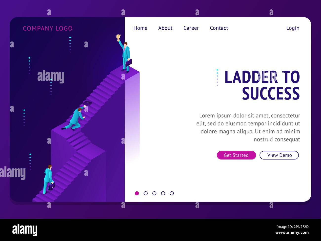 Ladder to success isometric landing page. Businessman climb upstairs to ...