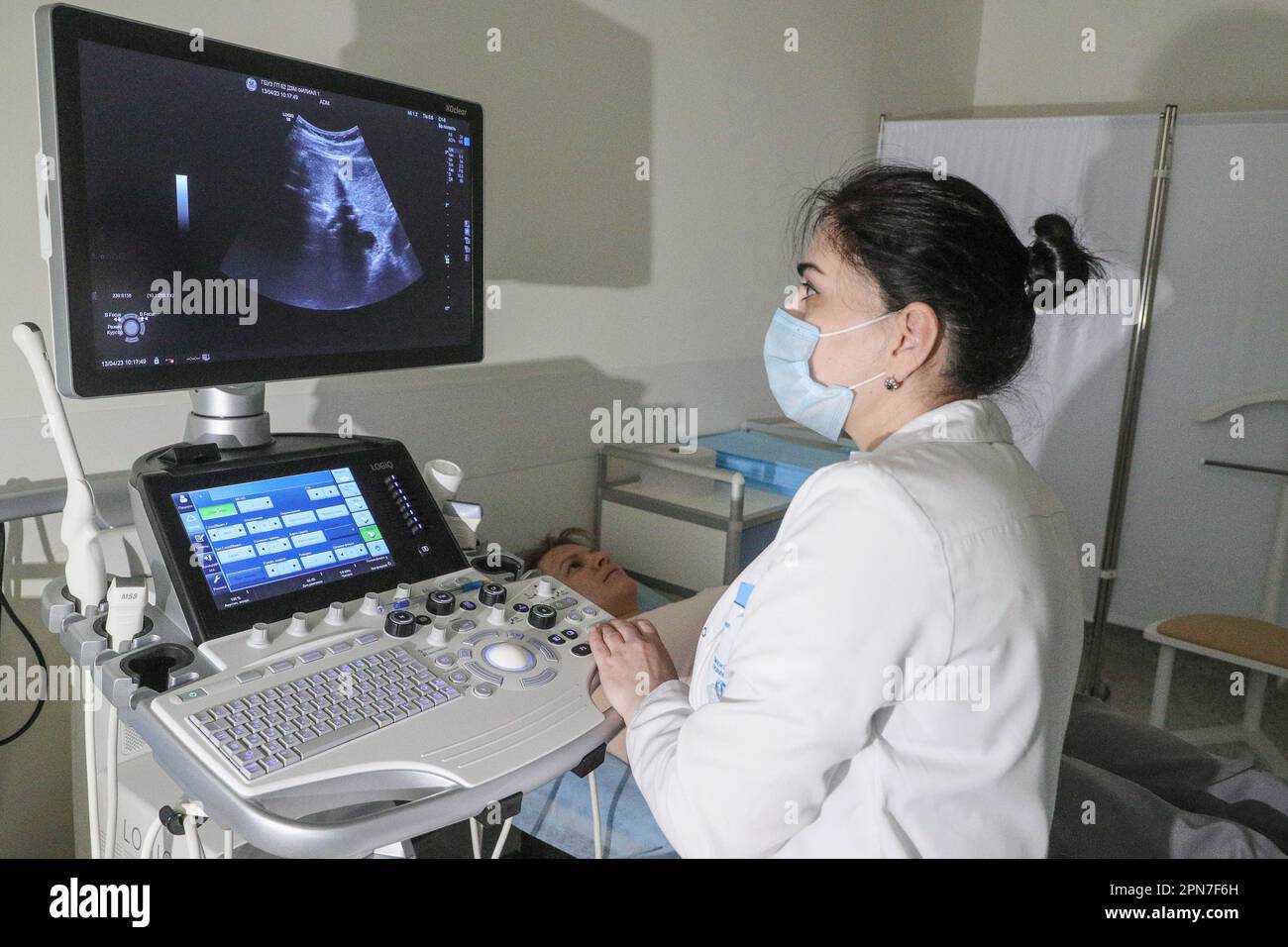 12.04.2023. Russia. Moscow. The specialist conducts an ultrasound ...