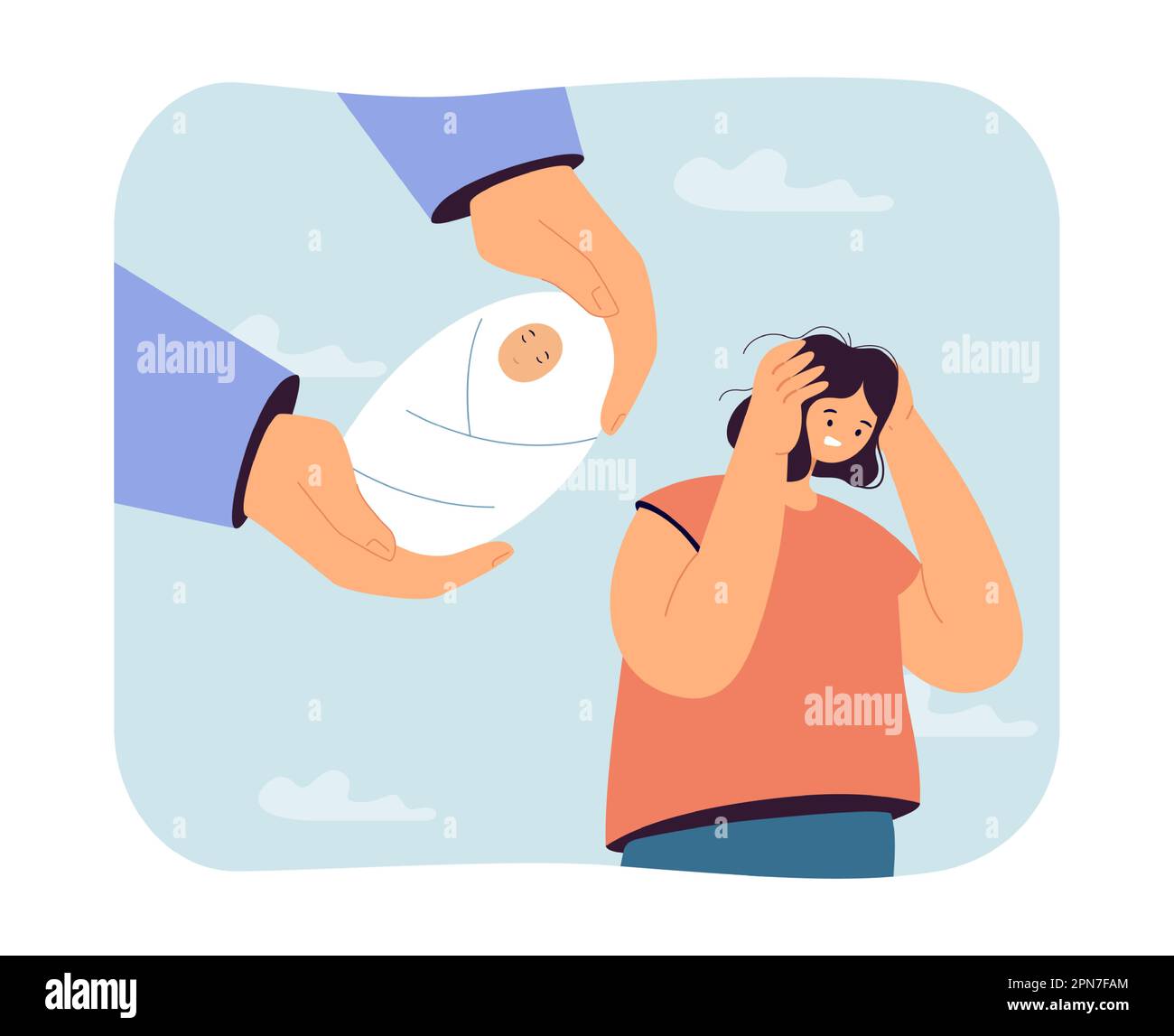 Hands holding newborn near mother in stress and anxiety Stock Vector ... Hands holding newborn near mother in stress and anxiety Stock Vector ...