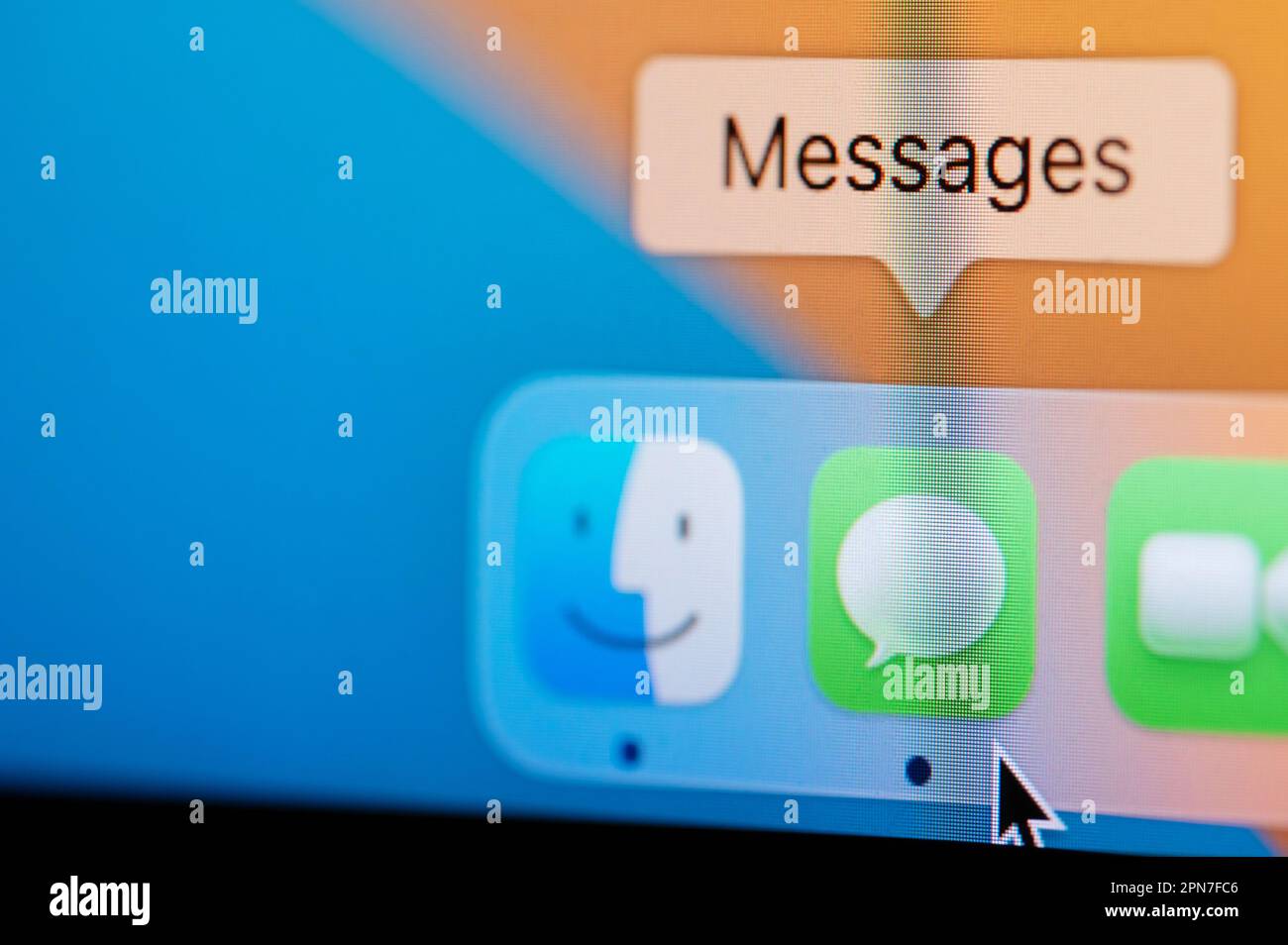 New york, USA - April 12, 2023: Open Messages app in macbook dock to ...