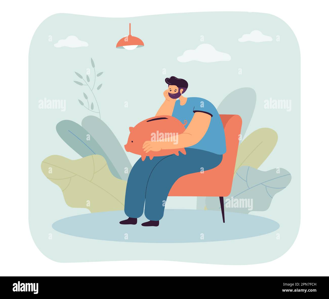 Sad man sitting on chair with piggybank Stock Vector Image & Art - Alamy