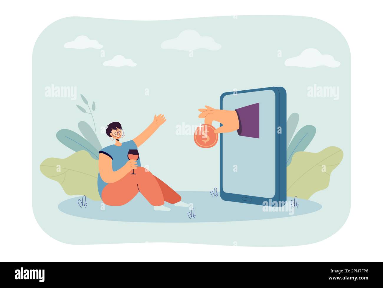 Hand from phone screen giving coin to tiny woman Stock Vector Image ...