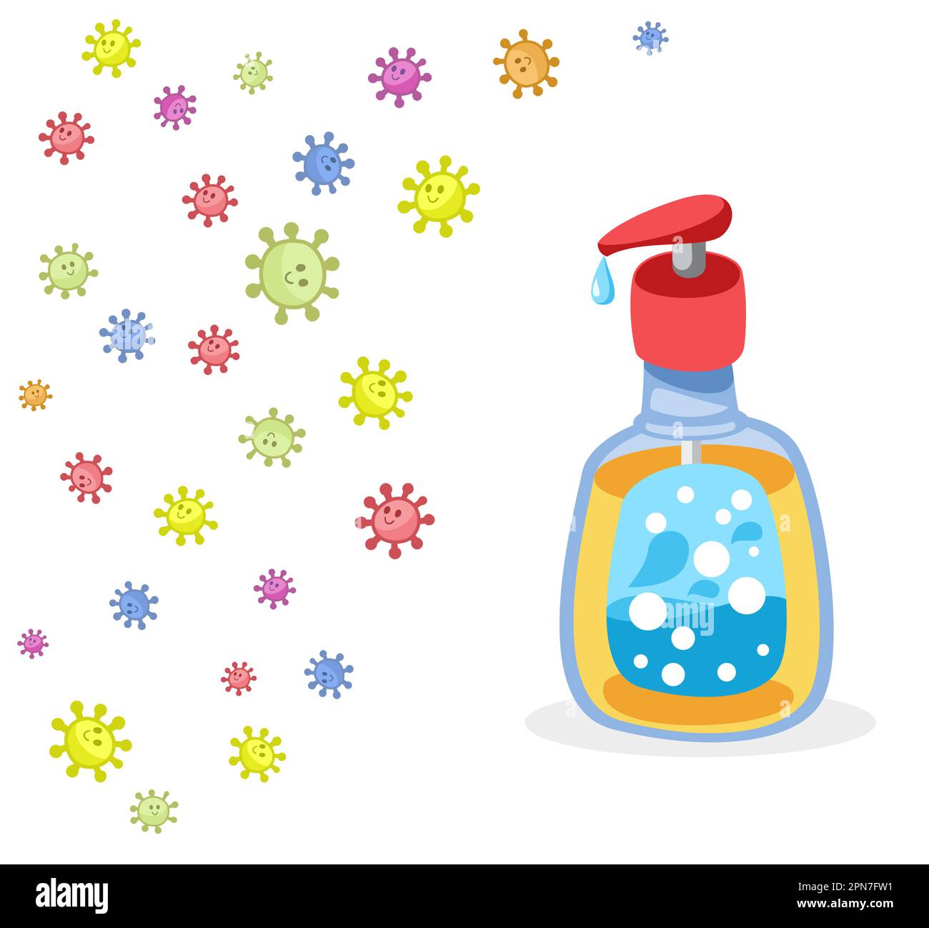 Soap or antibacterial gel and funny bacteria vector illustration Stock ...