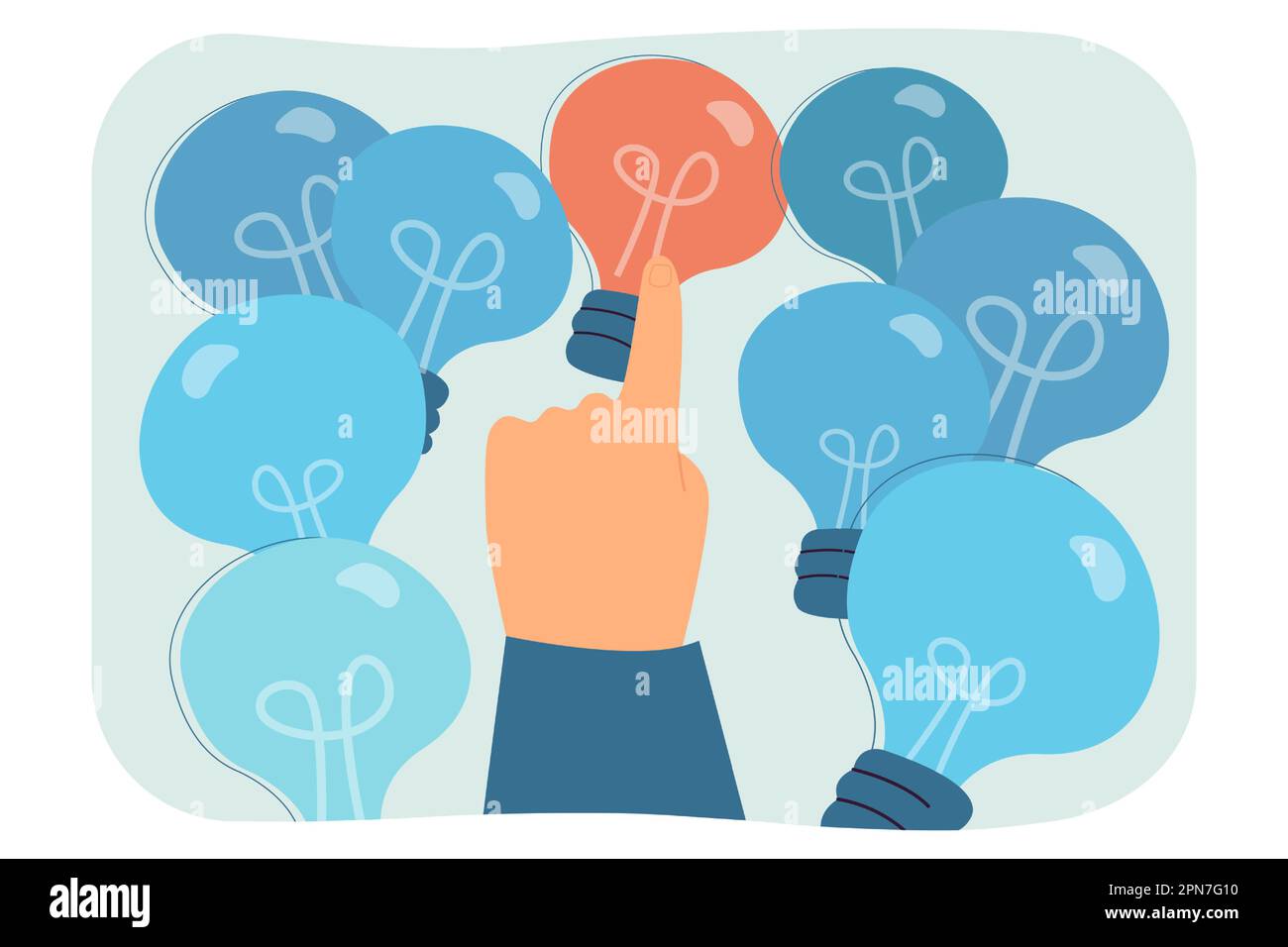 Hand finger pointing at bright light bulb among dark lamps Stock Vector ...