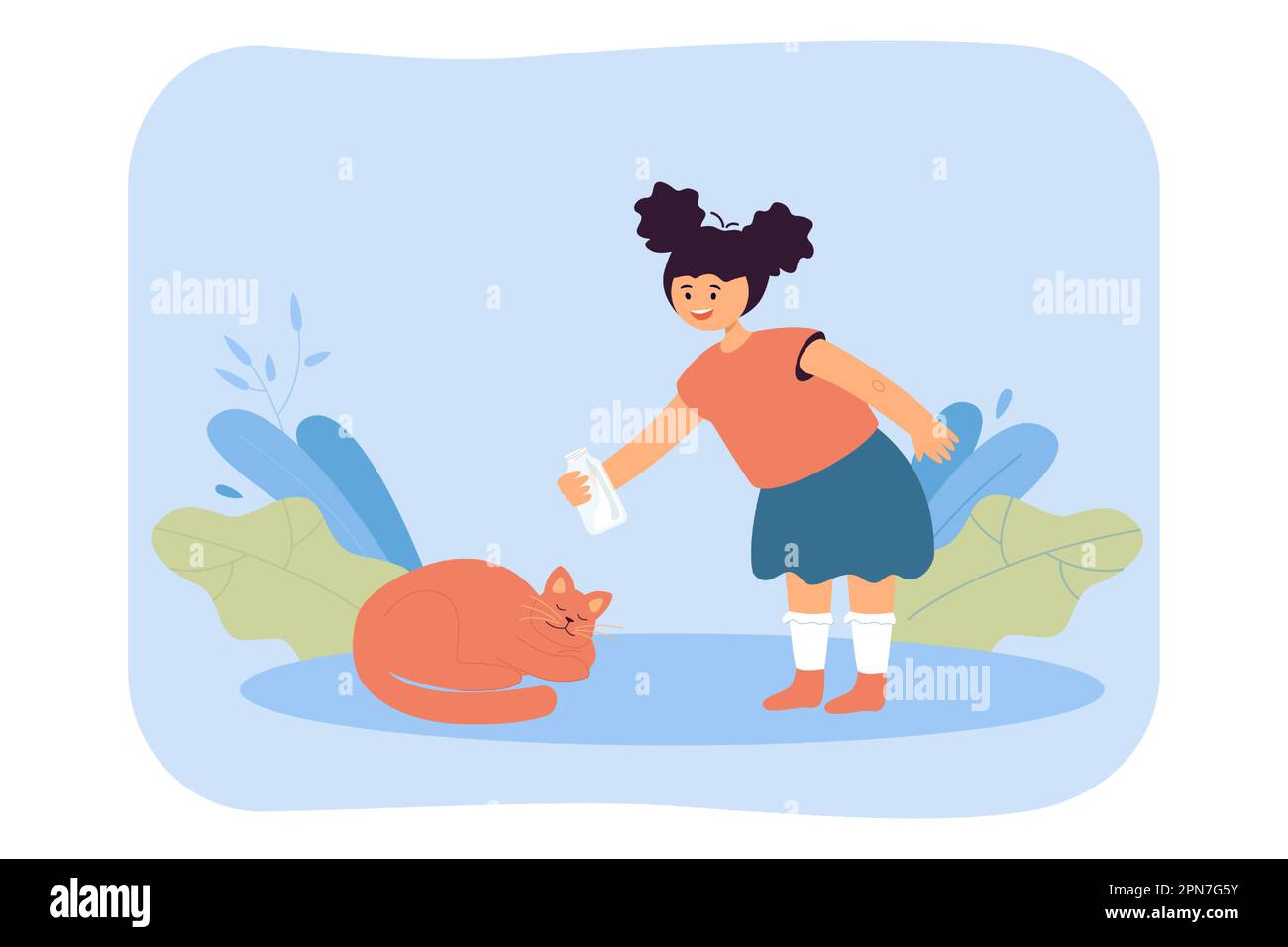 Kid feeding cat with milk flat vector illustration Stock Vector Image ...