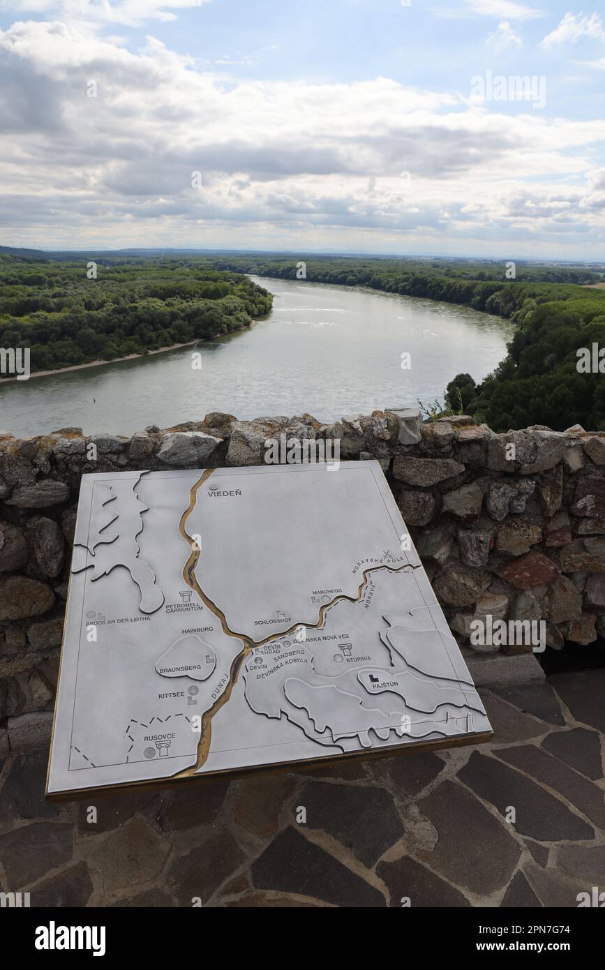View on a river bend in the Danube river, from Devin Castle (Slovakia ...
