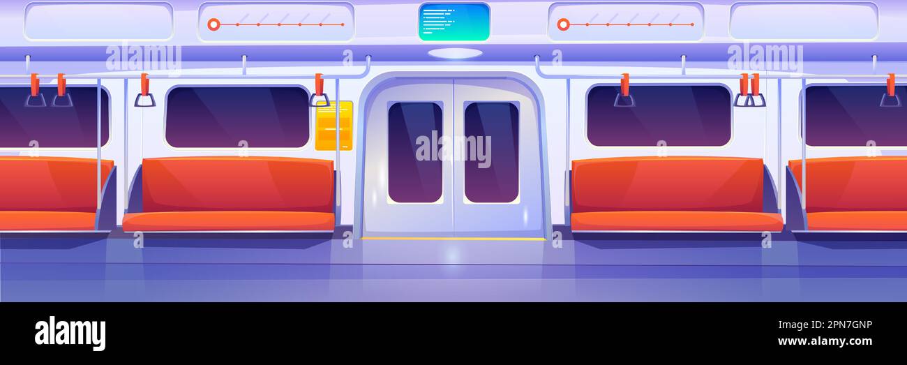 Subway train car inside. Empty metro wagon interior. Vector cartoon ...