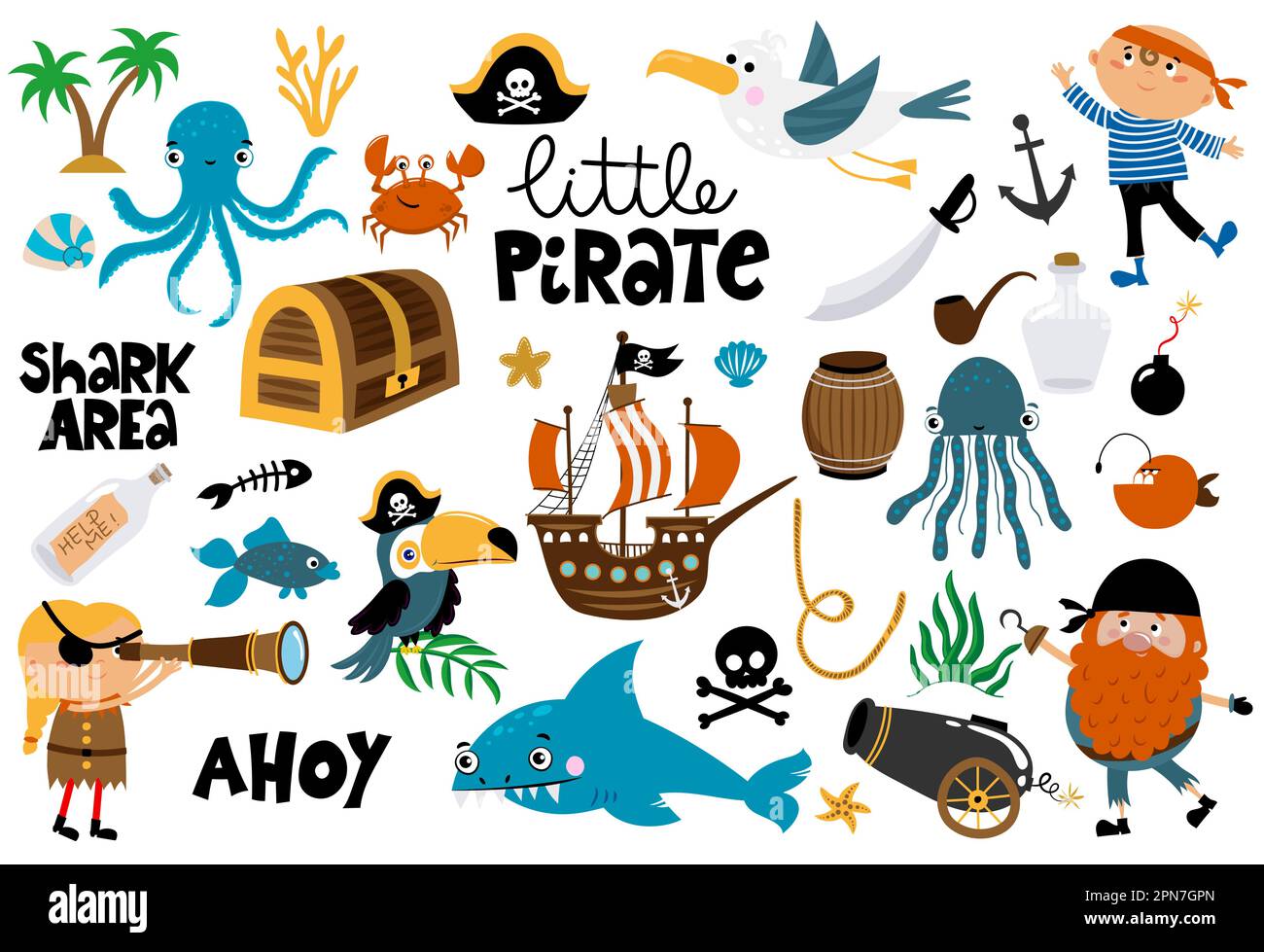 Cute pirate sticker collection with octopus, shark, treasures, boat and ...
