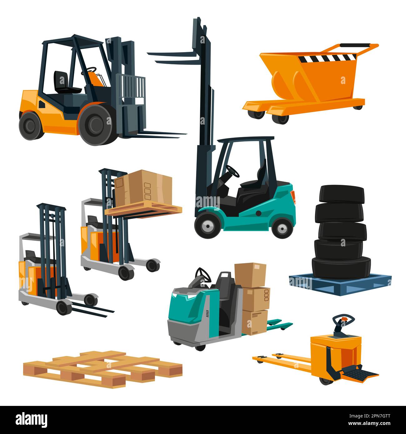 Various forklifts in warehouse cartoon illustration set Stock Vector ...