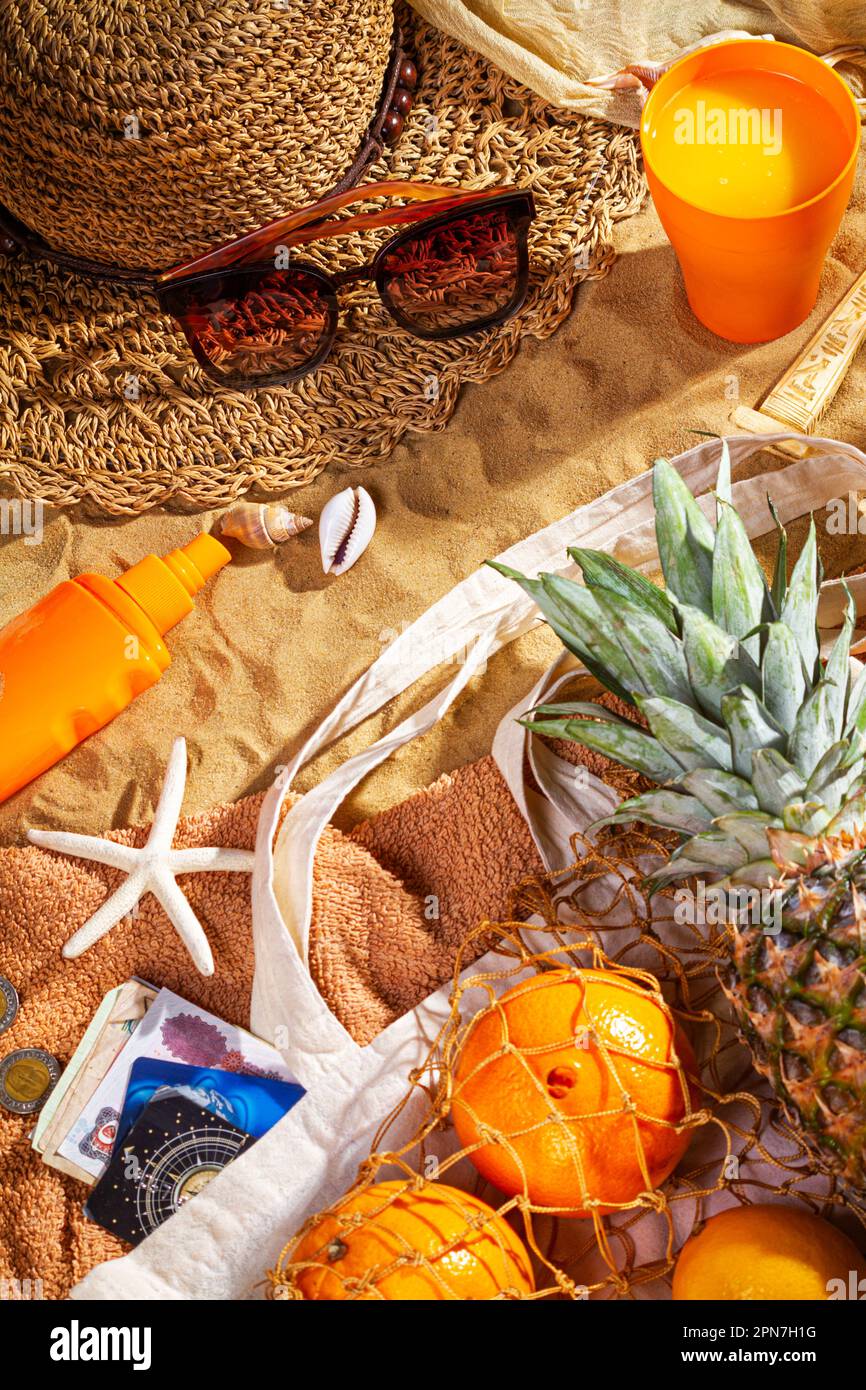 Concept of sandy beach holiday, top view. Sand background with copy ...