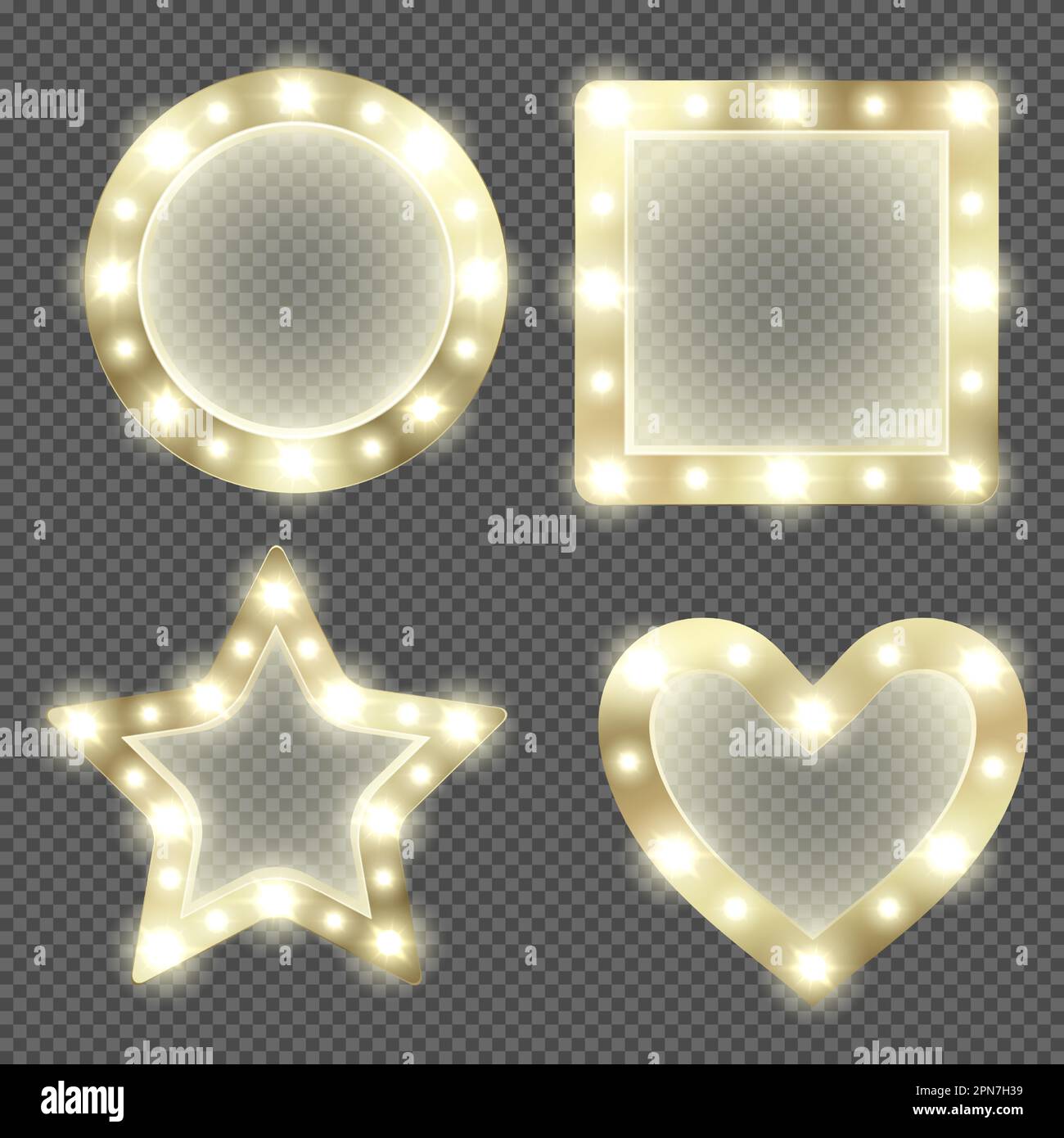 Makeup mirror in gold frame with light bulbs. Vector realistic round ...