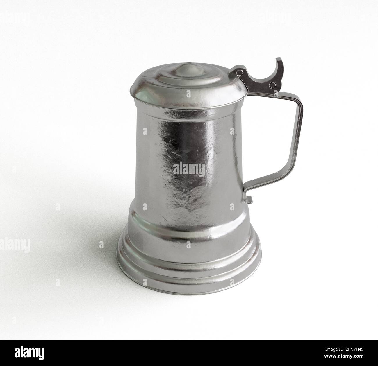 A vintage silver drinking tankard with a lid on an isolated white ...