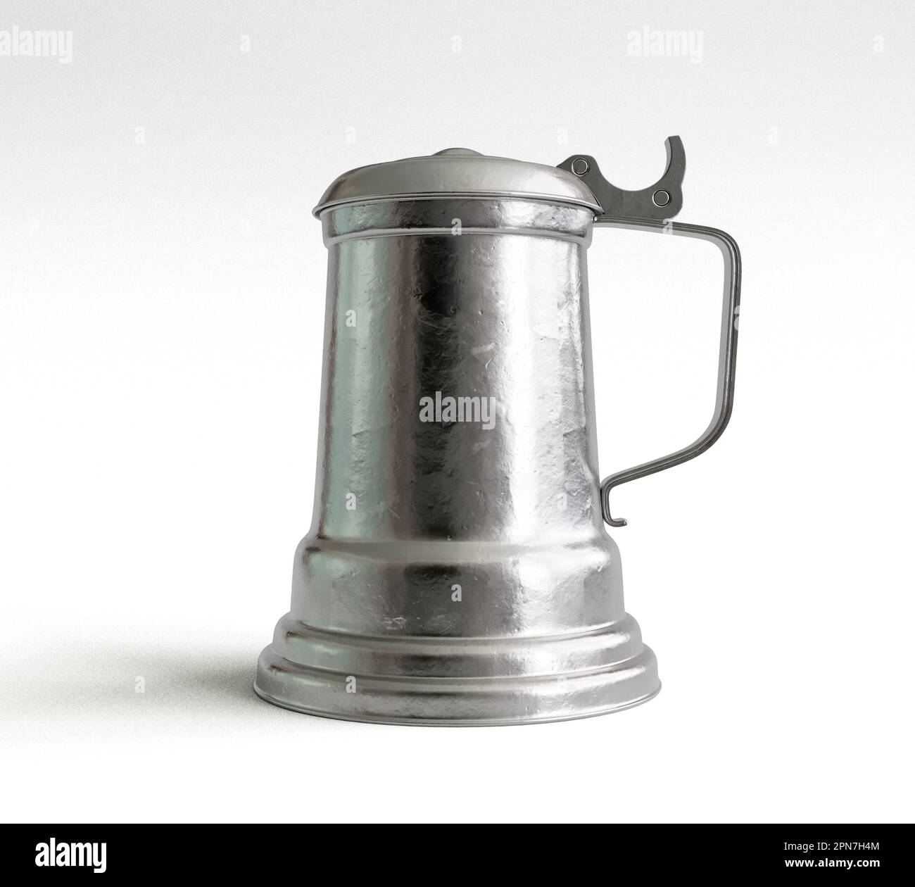 A vintage silver drinking tankard with a lid on an isolated white ...