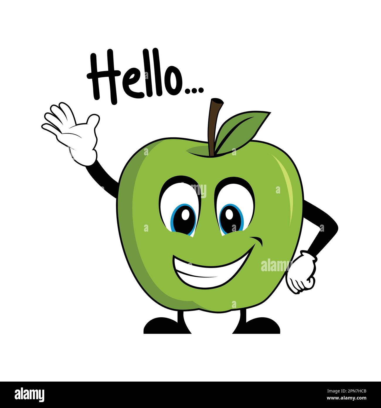 Green apple cartoon character saying hello. Suitable for poster, banner ...