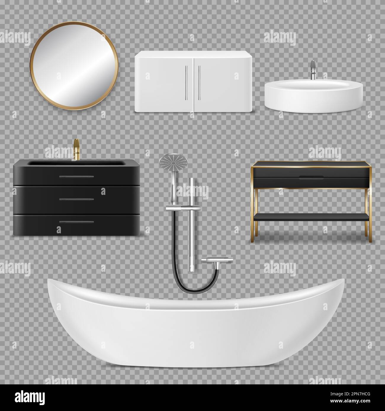 Bath, shower, mirror and sink. Vector realistic furniture for bathroom ...