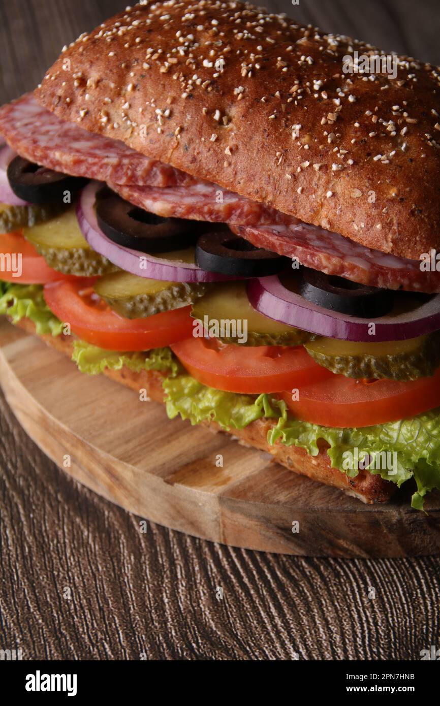 Close-up photo of a sausage and vegetable sandwich Stock Photo - Alamy