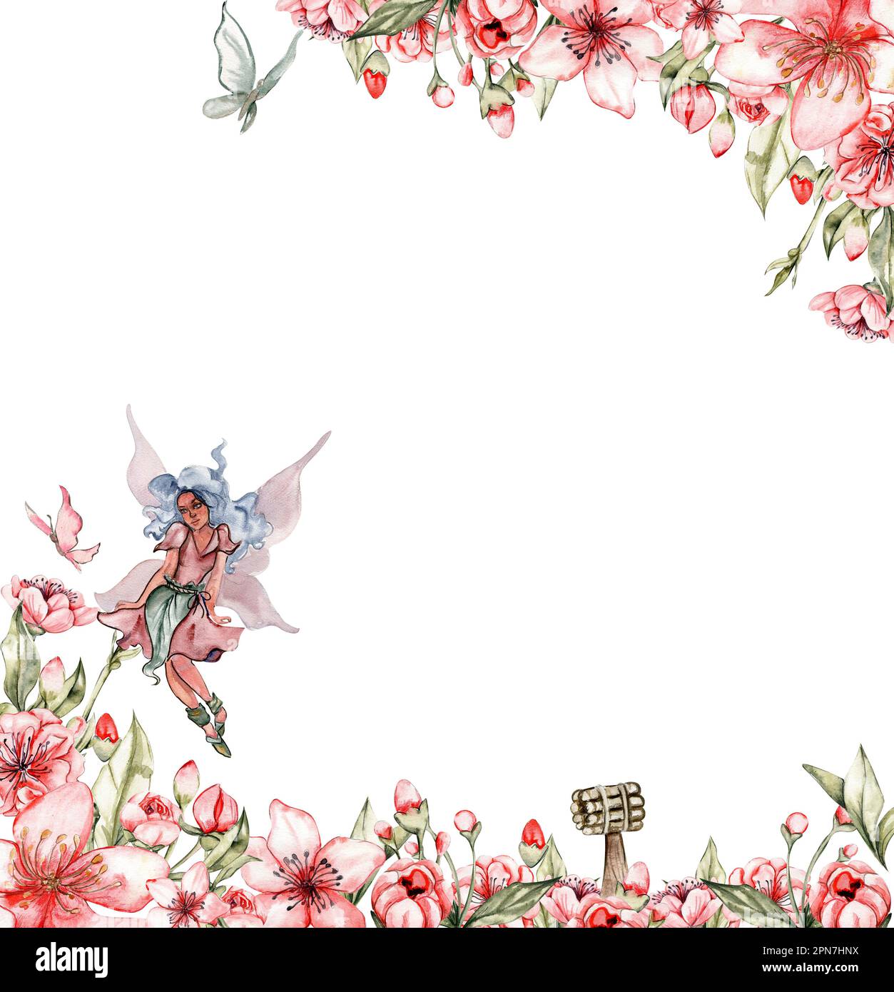 Watercolor square spring garden full of flowers frame in cartoon style ...