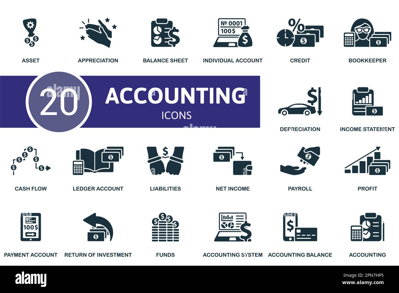Accounting set. Creative icons: asset, appreciation, balance sheet ...