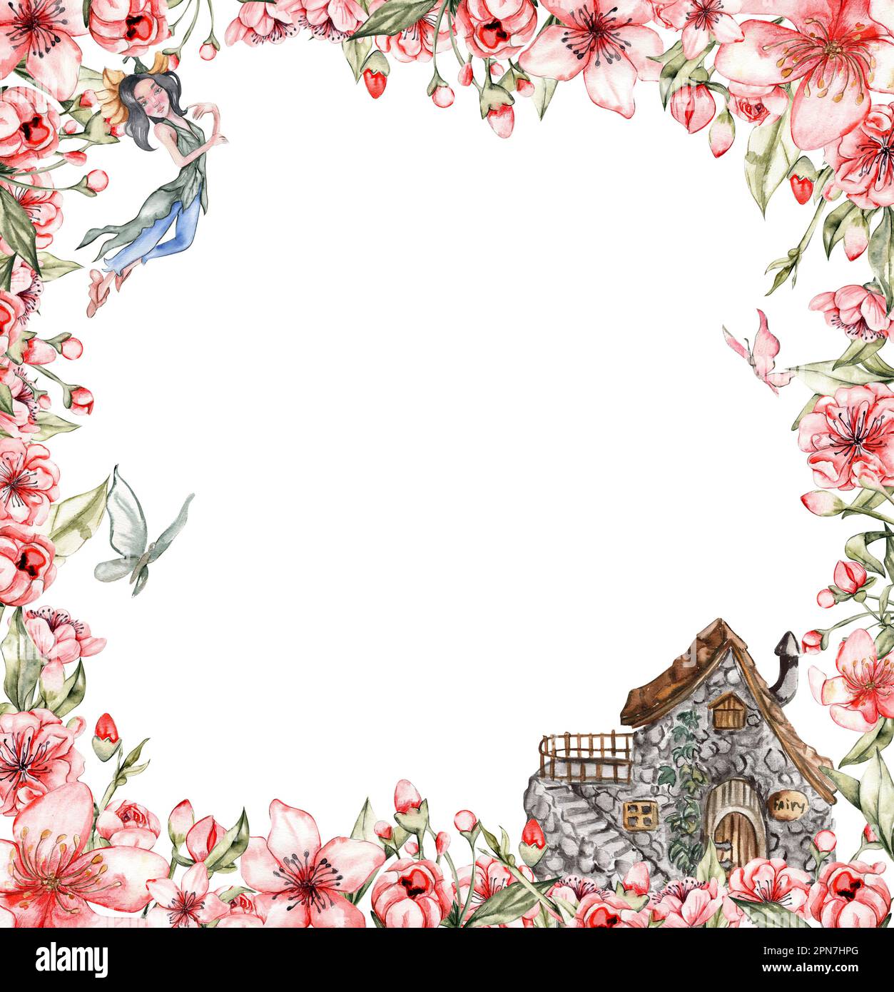 Watercolor square spring garden full of flowers frame in cartoon style ...