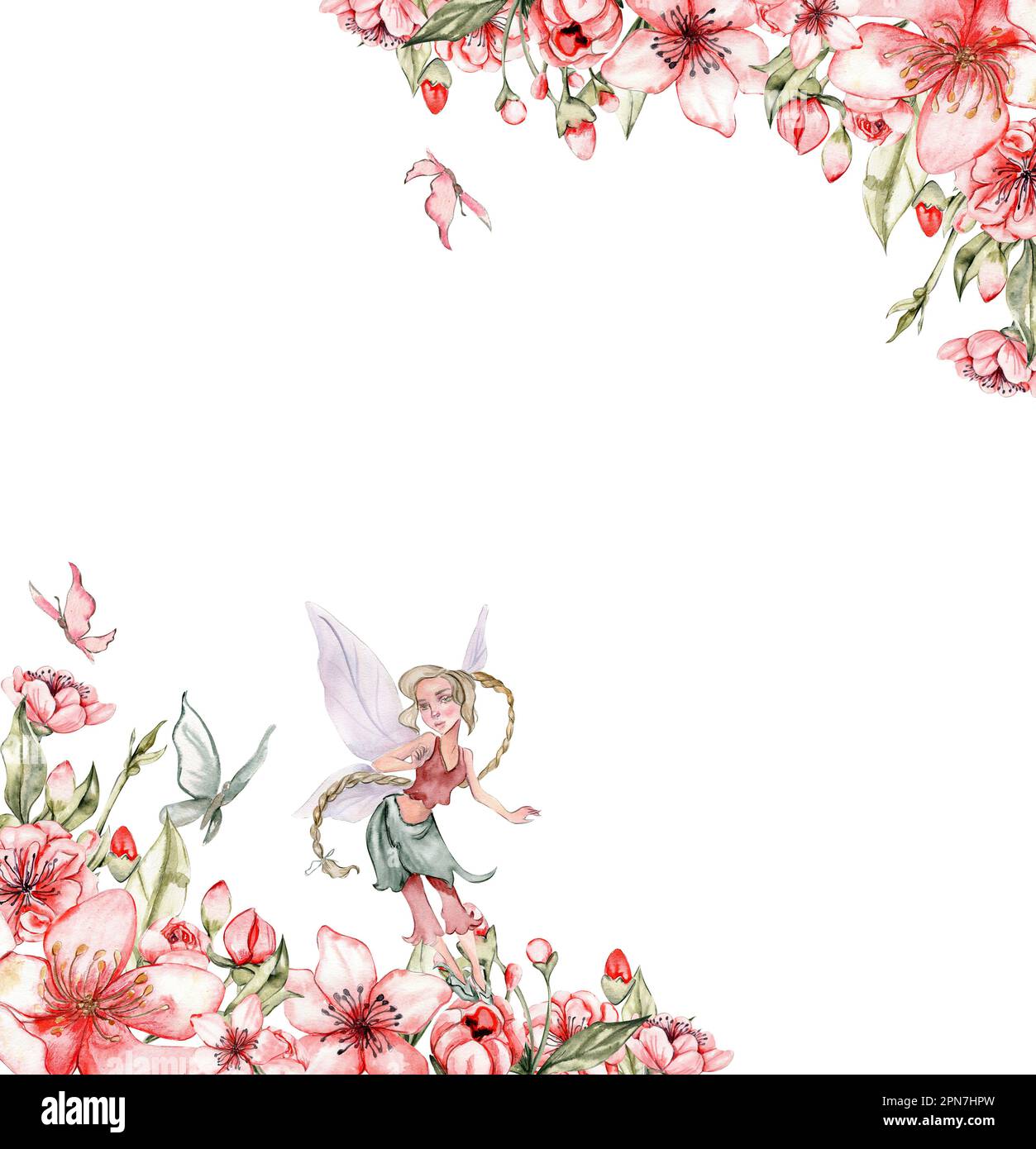 Watercolor square spring garden full of flowers frame in cartoon style ...