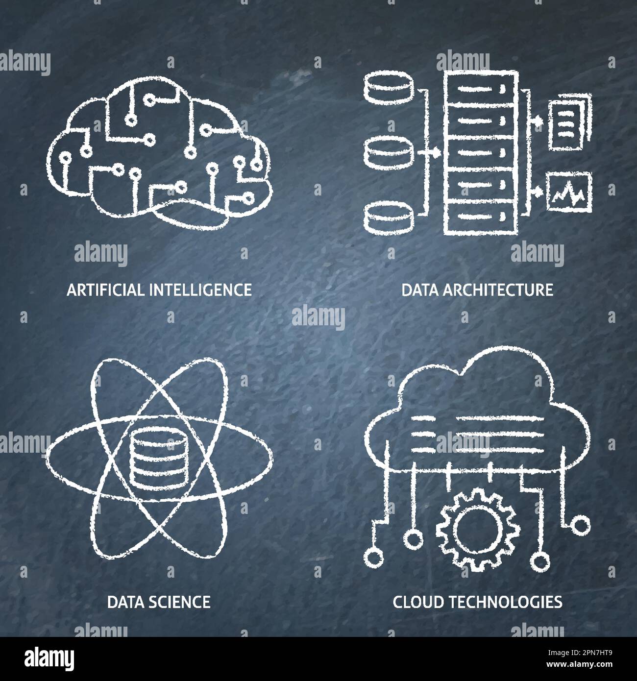 Data science and artificial intelligence chalkboard icon set. Vector ...