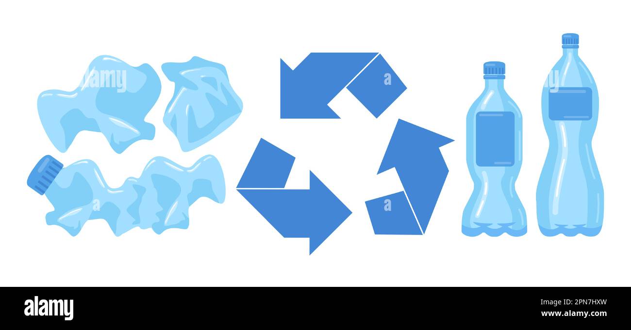 Crushed and whole plastic water bottles vector illustrations set Stock ...