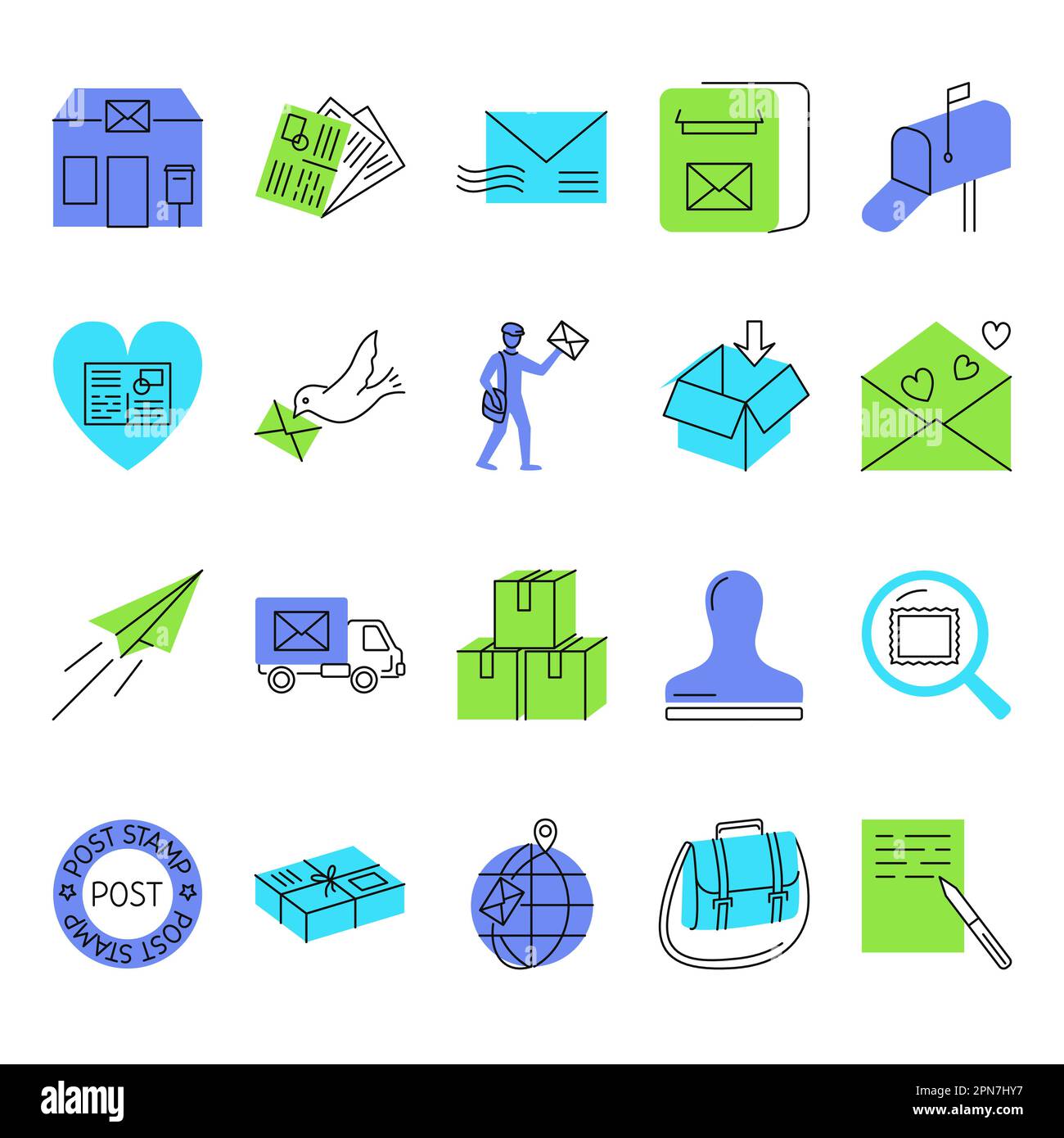Postal service flat icon set. Mail and parcels delivery symbols. Vector ...
