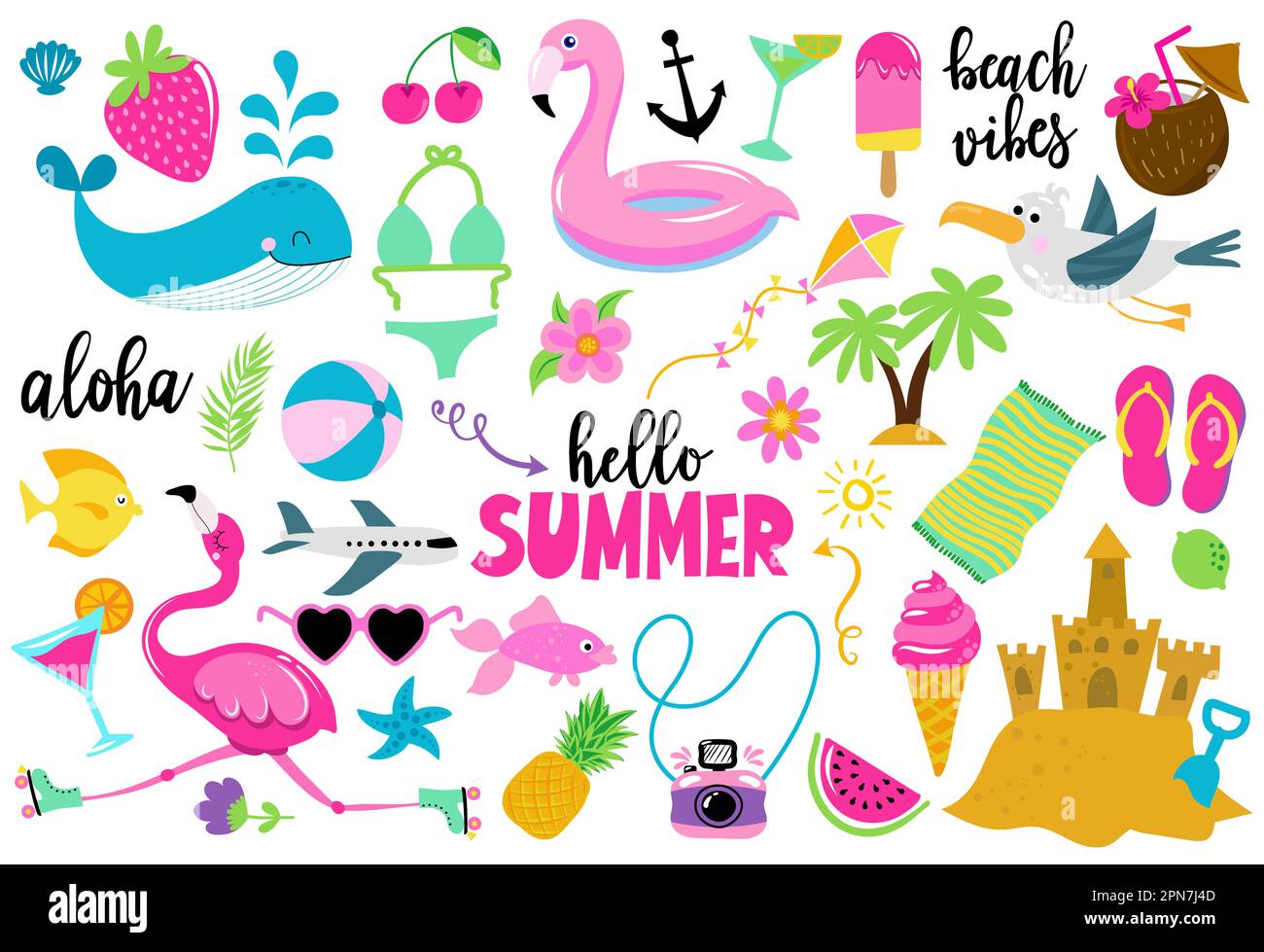 Cute summer sticker collection with flamingo, tropical flowers and ...