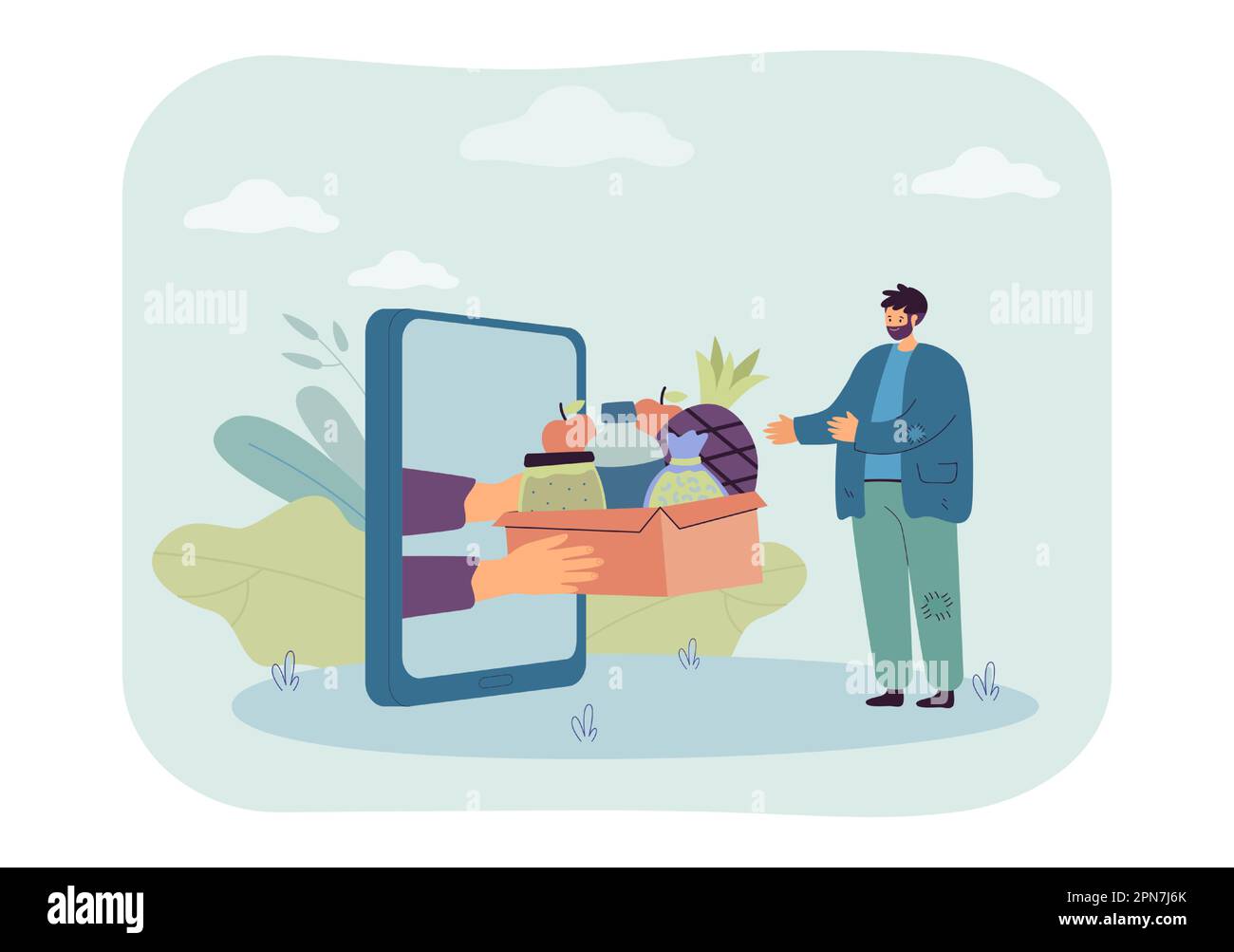 Volunteers hands from phone screen giving help to tiny poor man Stock ...