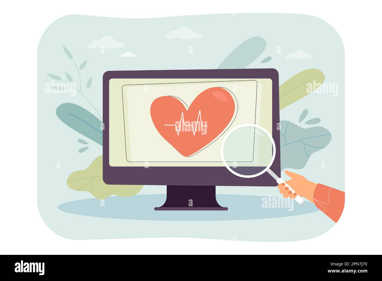 Hand with magnifying glass examining heart on computer monitor Stock ...