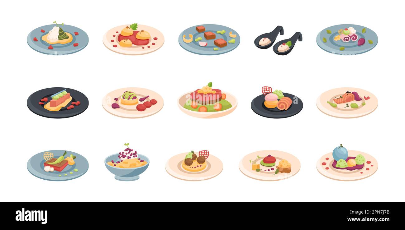 Molecular cuisine serving on plates cartoon illustration set Stock ...